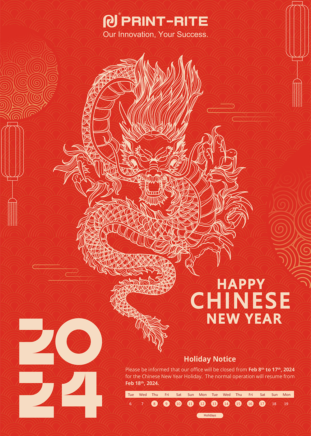 Chinese New Year Holiday Notice from Print-Rite - Prite-Rite