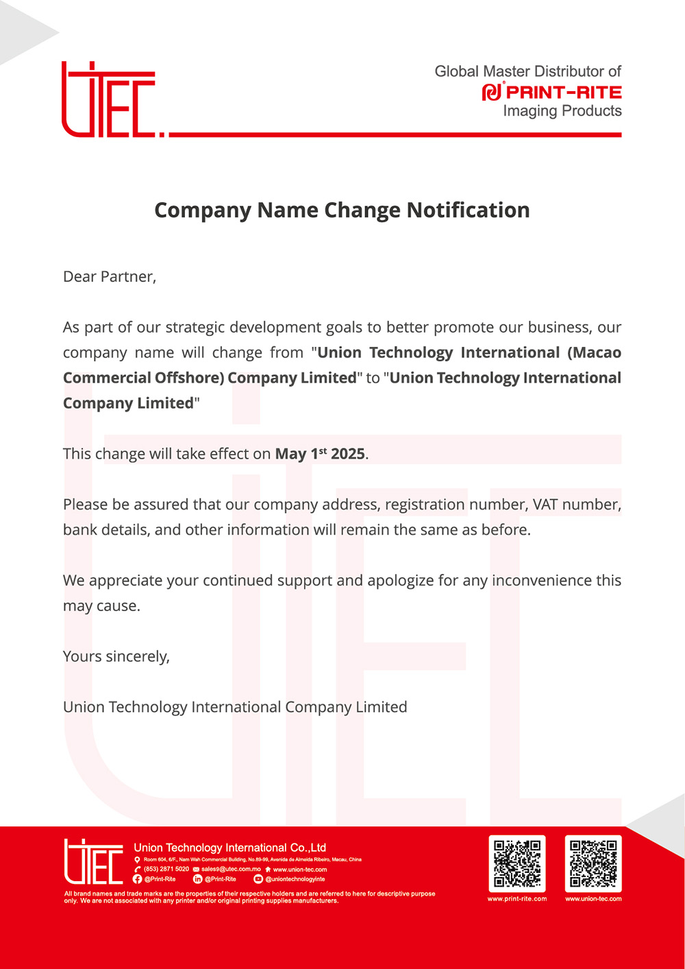 Union Technology International Company Limited - Official Name Change ...